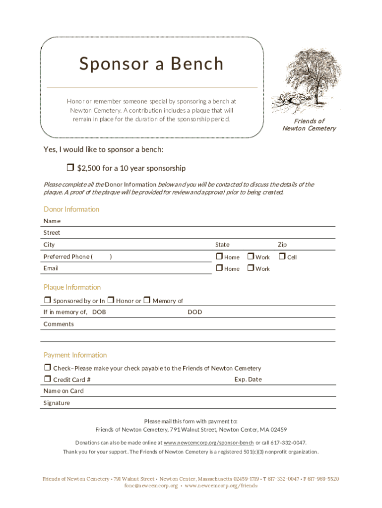 Fillable Online Adopt A Bench Donor Program for Memorial Benches ...