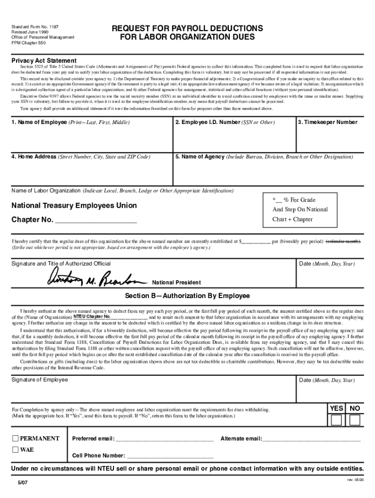 Fillable Online Standard Form No. 1187 - NTEU Organizing Fax Email ...