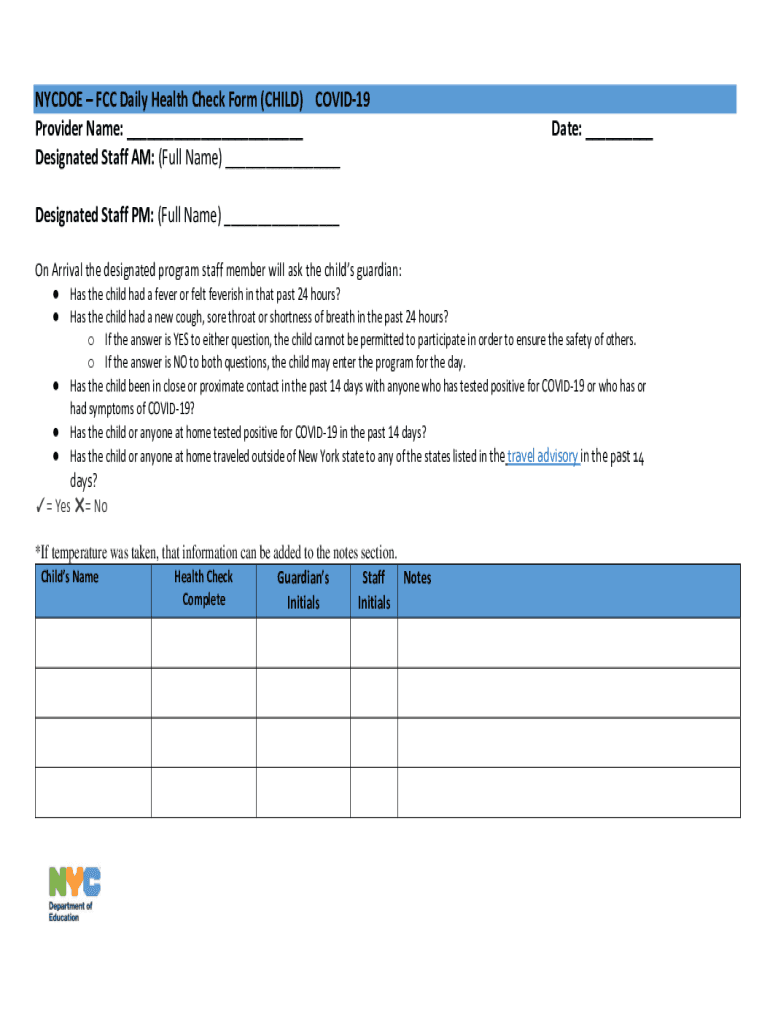 Fillable Online FCC Daily Health Check Form (child) Fax Email Print ...