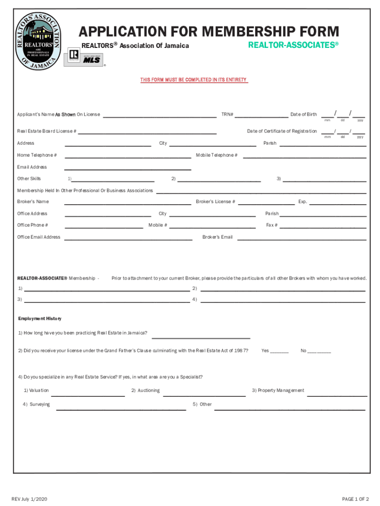 Fillable Online APPLICATION FOR MEMBERSHIP FORM - Realtors Association ...