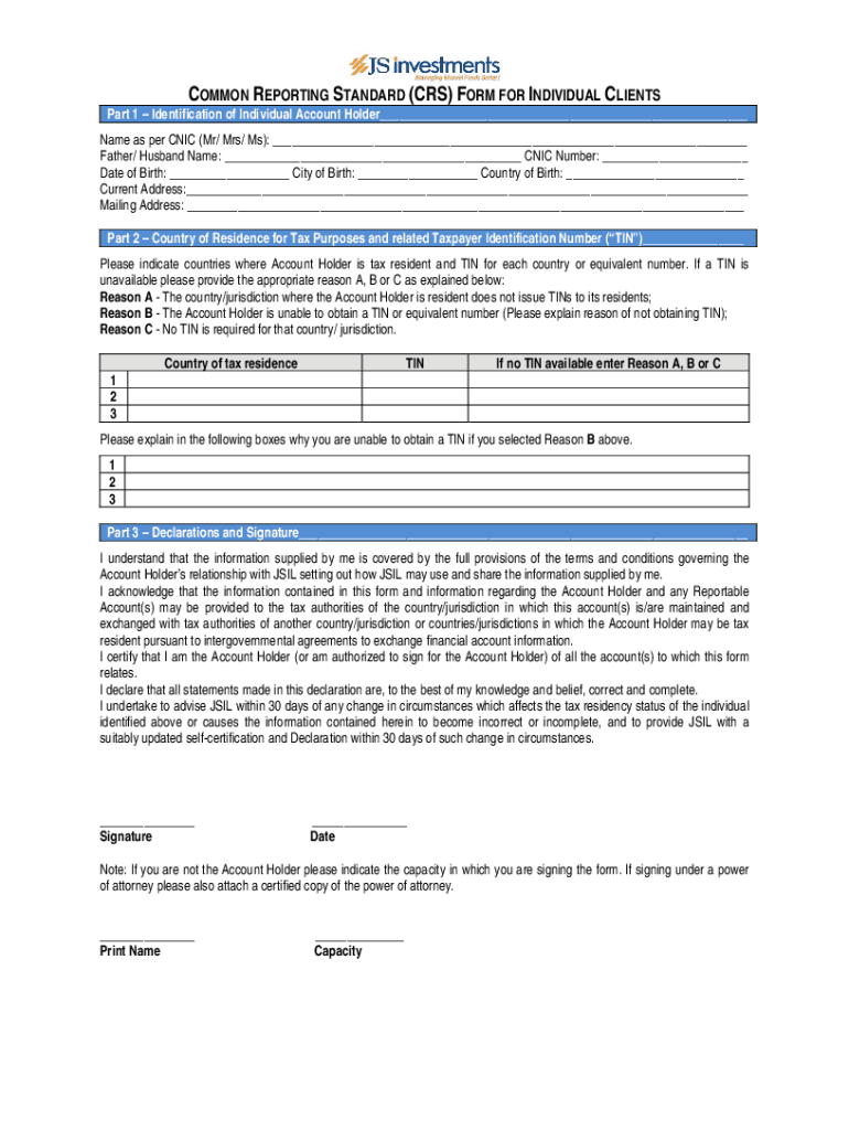 Fillable Online COMMON REPORTING STANDARD (CRS) FORM FOR INDIVIDUAL C ...