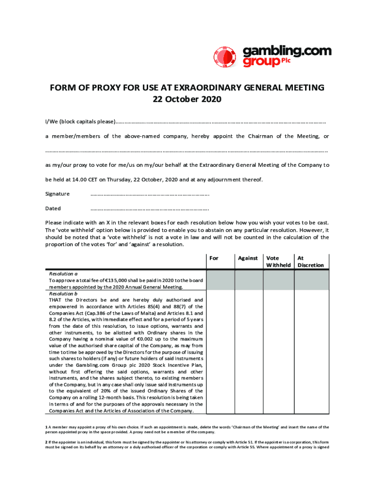 Fillable Online 2020 Proxy StatementRole of Proxy in a Meeting - Your ...
