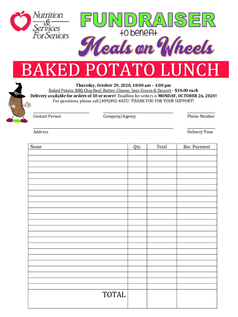 Fillable Online 2020 Fall Potato Fundraiser Flyer and Form for ...