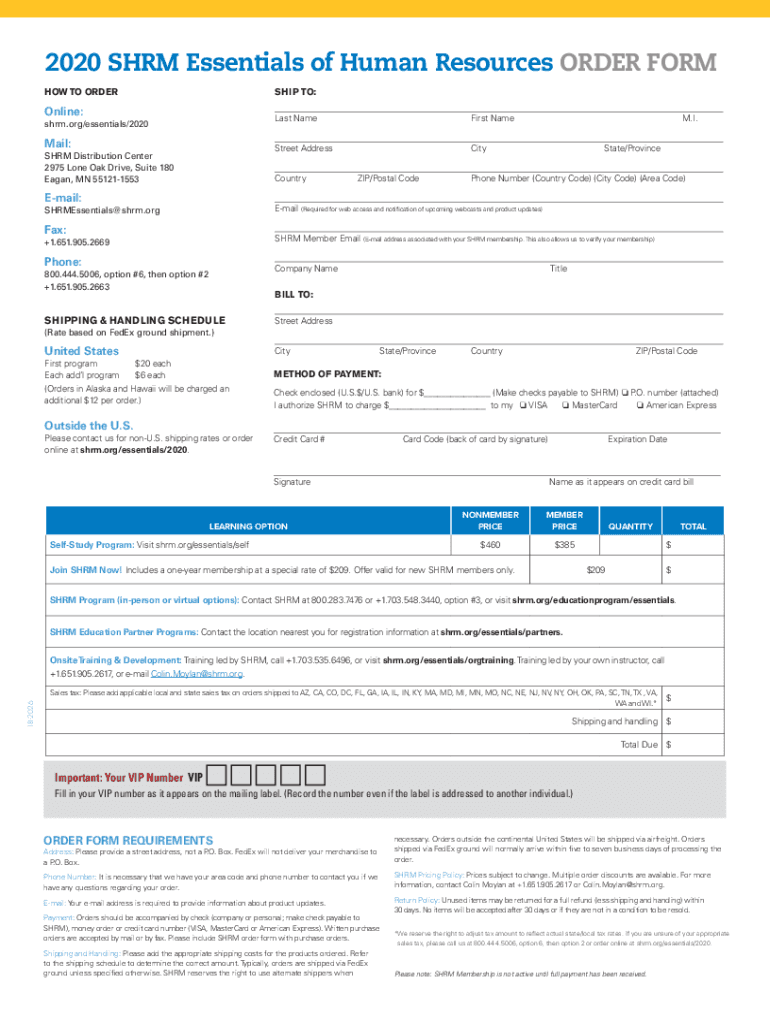 Fillable Online 2020 SHRM Essentials of Human Resources ORDER FORM Fax ...