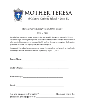 Fillable Online HOMEROOM PARENTS SIGN UP SHEET 2018 2019 Fax Email ...