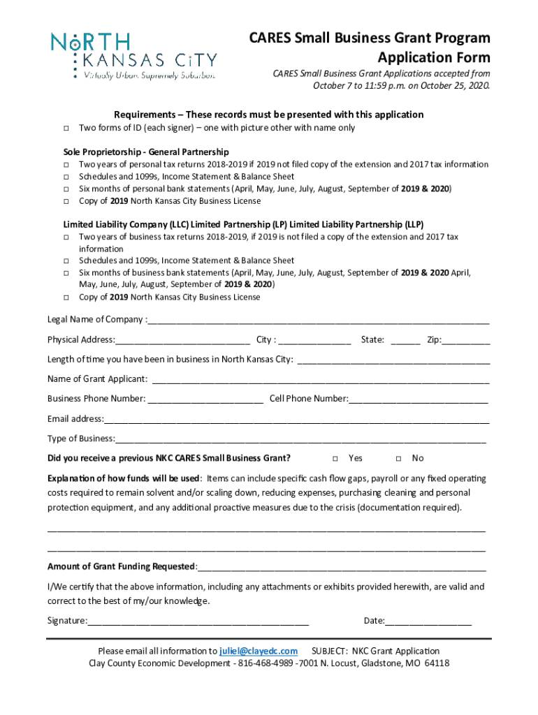 Fillable Online NKC CARES Small Business Grant Application with ...