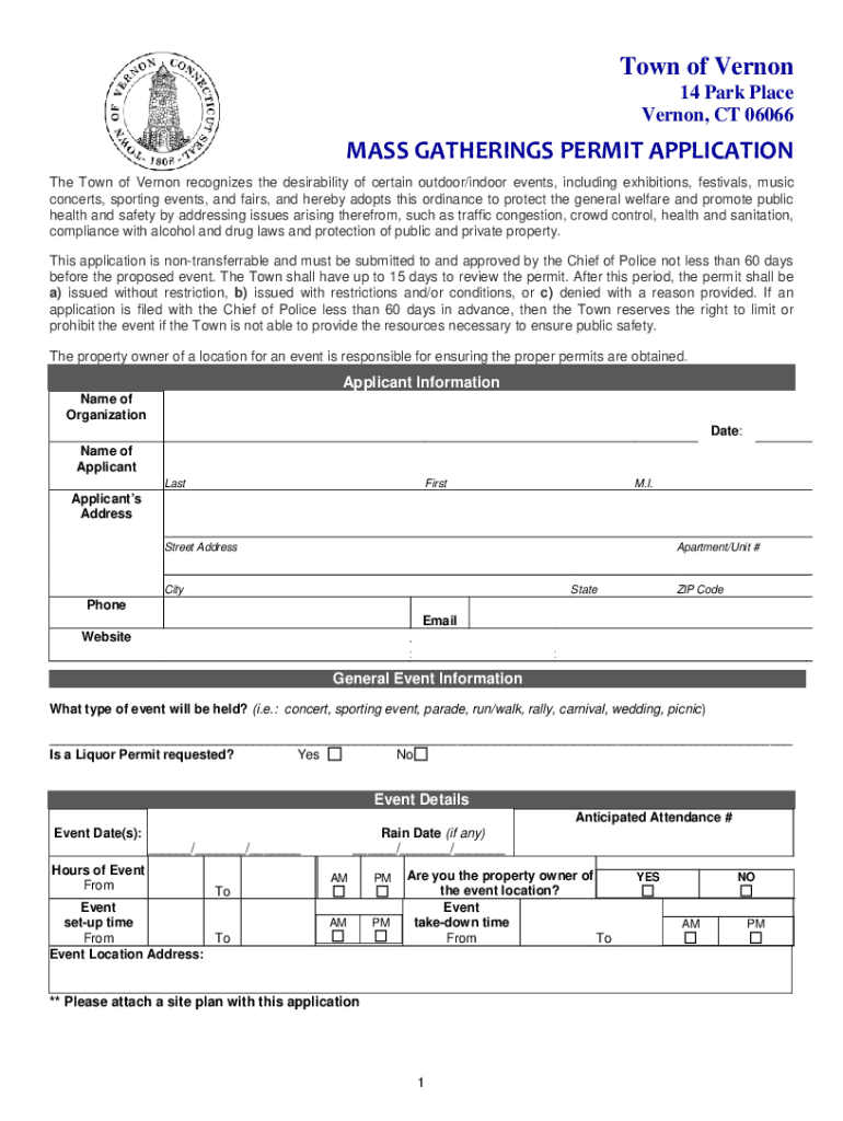 Fillable Online 14 Park Place Vernon, CT 06066 MASS GATHERINGS PERMIT ...