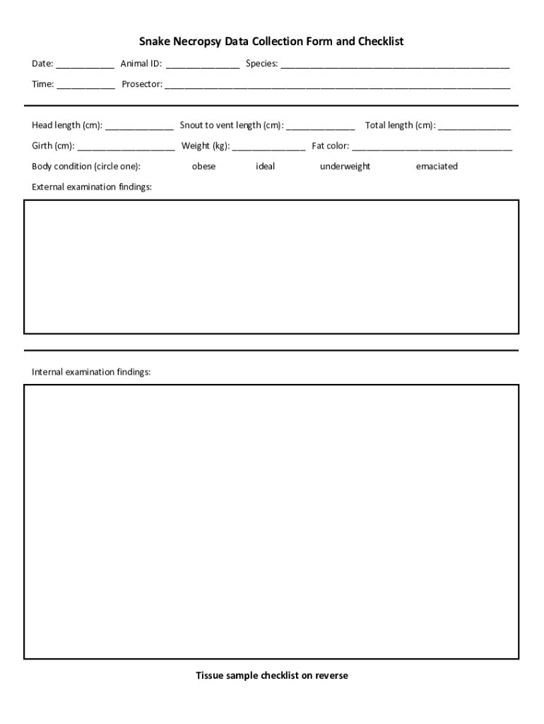 Fillable Online Snake Necropsy Data Collection Form and Checklist Fax ...
