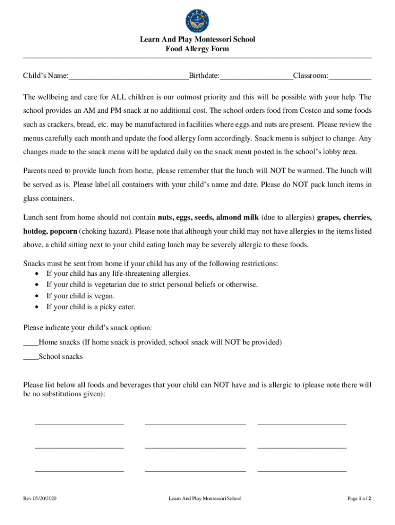 Fillable Online Learn And Play Montessori School Food Allergy Form Fax ...
