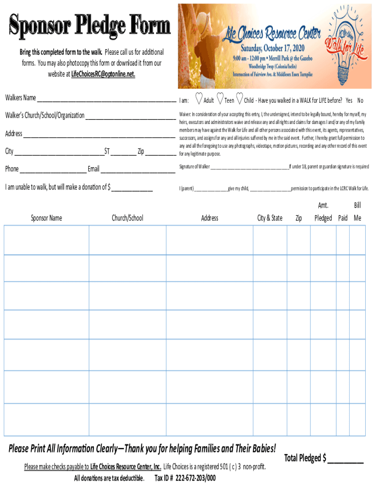 Fillable Online Walkathon Pledge Form TemplatesDoJiggy Nonprofit ...
