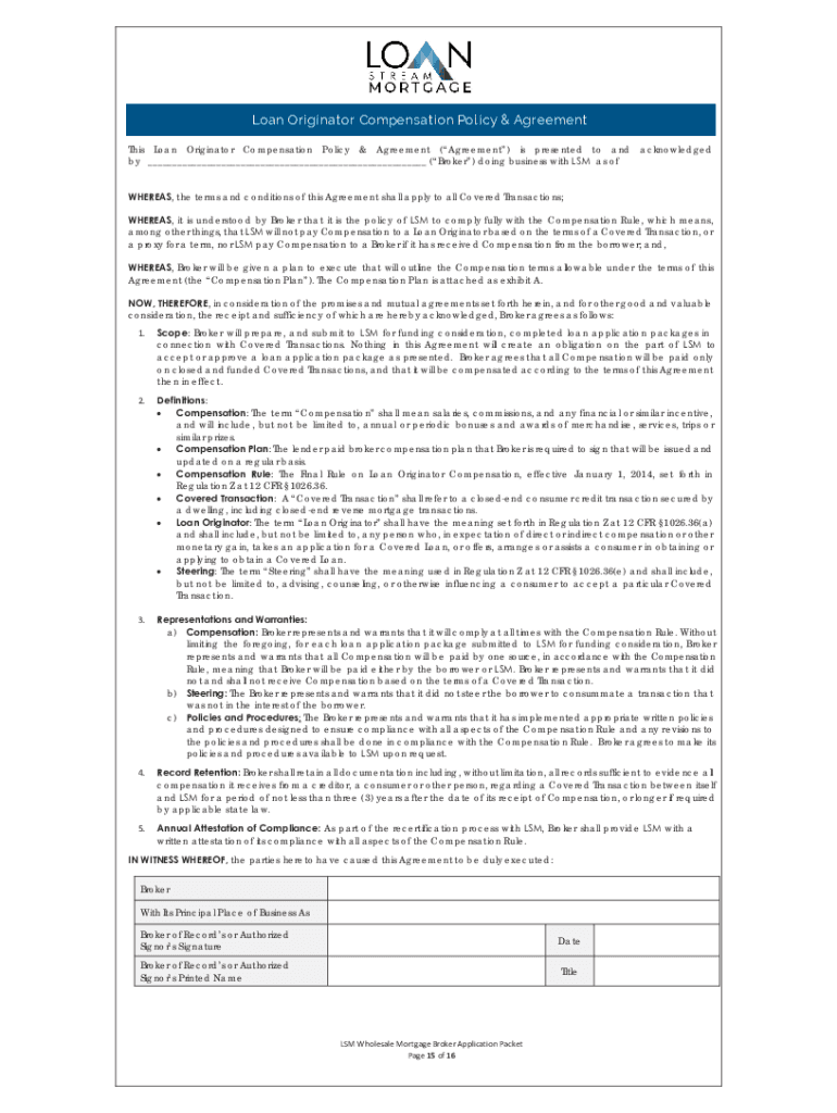 Fillable Online Loan Originator Compensation Plan Template - Mortgage ...