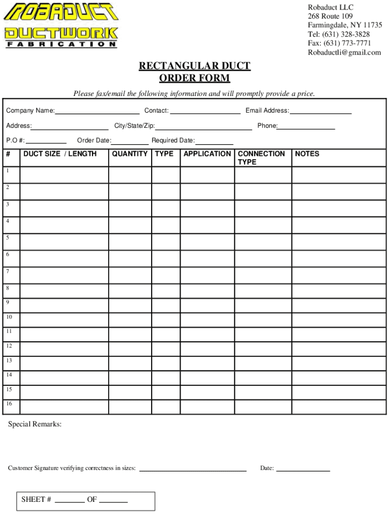 Fillable Online Robaductli RECTANGULAR DUCT - longislandductwork.com ...