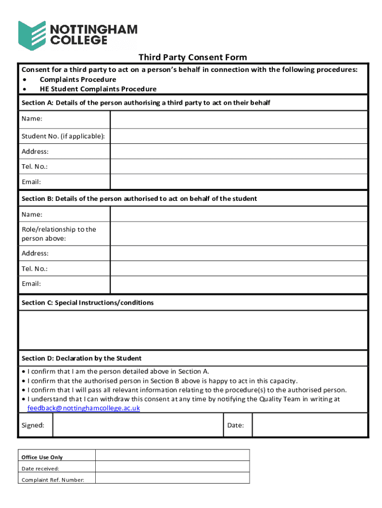 Fillable Online 3rd Party Consent Form - to be completed by students ...