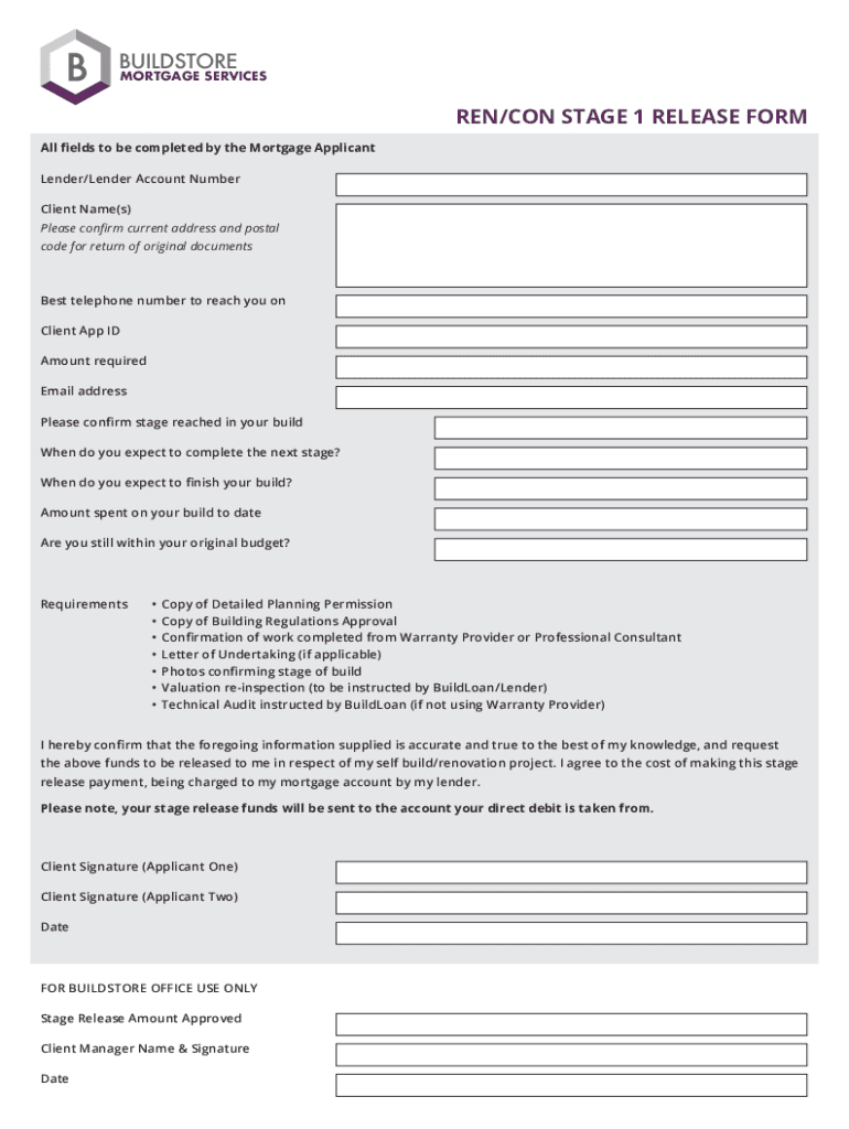 Fillable Online REN/CON STAGE 1 RELEASE FORM Fax Email Print - pdfFiller
