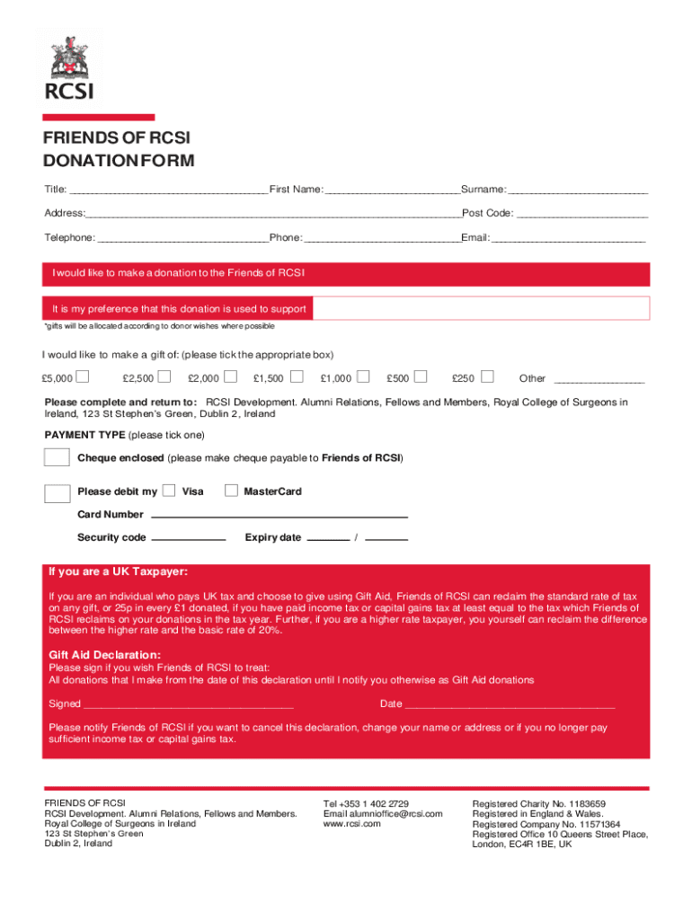Fillable Online FRIENDS OF RCSI DONATION FORM Fax Email Print - pdfFiller