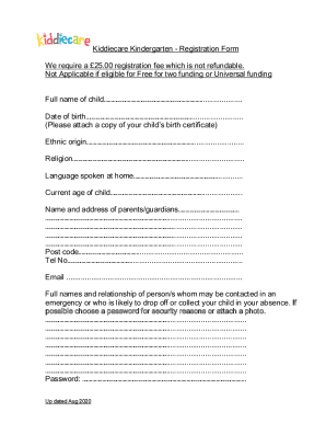 Fillable Online Kiddiecare Kindergarten Registration Form Full name of ...