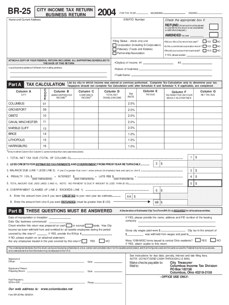 Fillable Online Form BR-25 City Income Tax Return For Businesses 2018 ...