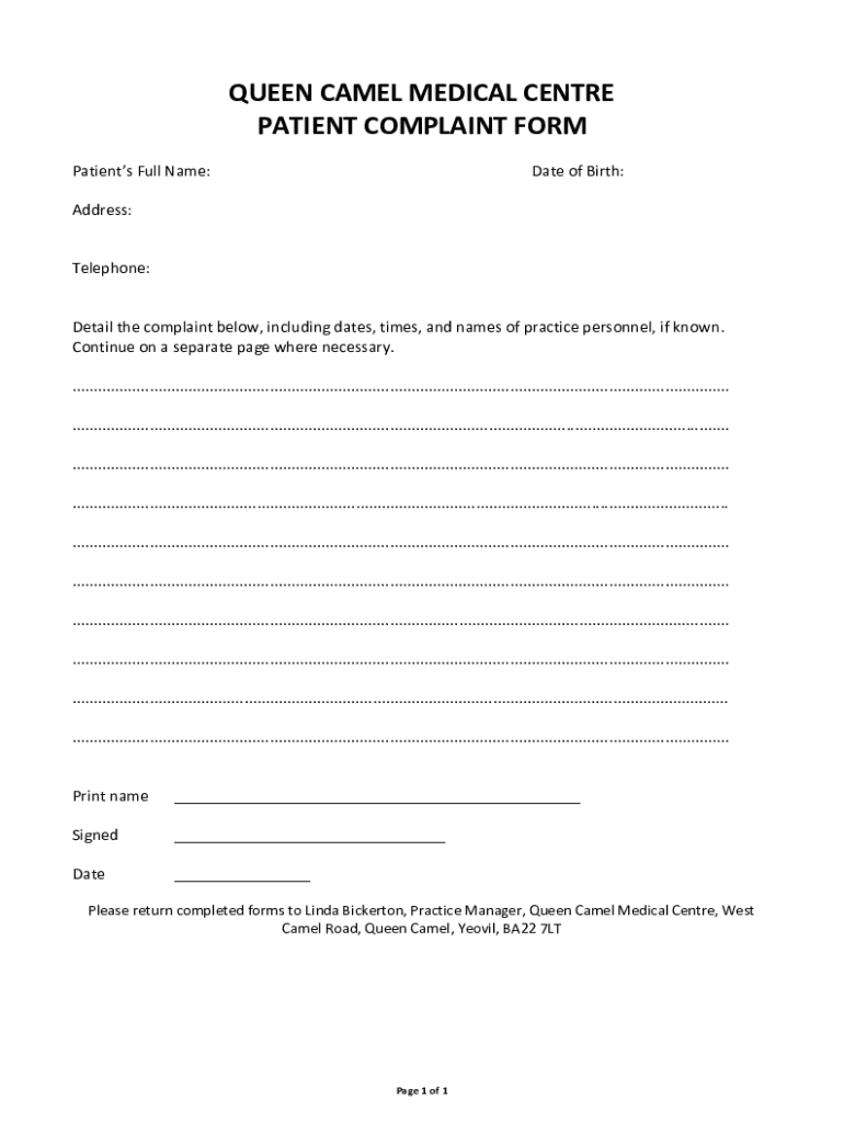 Fillable Online QUEEN CAMEL MEDICAL CENTRE PATIENT COMPLAINT FORM Fax ...
