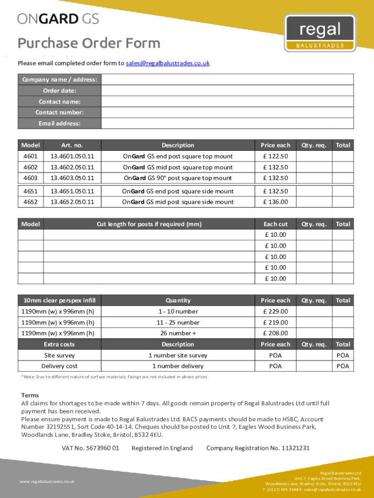 Fillable Online OnGard GS - Purchase Order Form (One to Change - Regal) Fax Email Print - pdfFiller