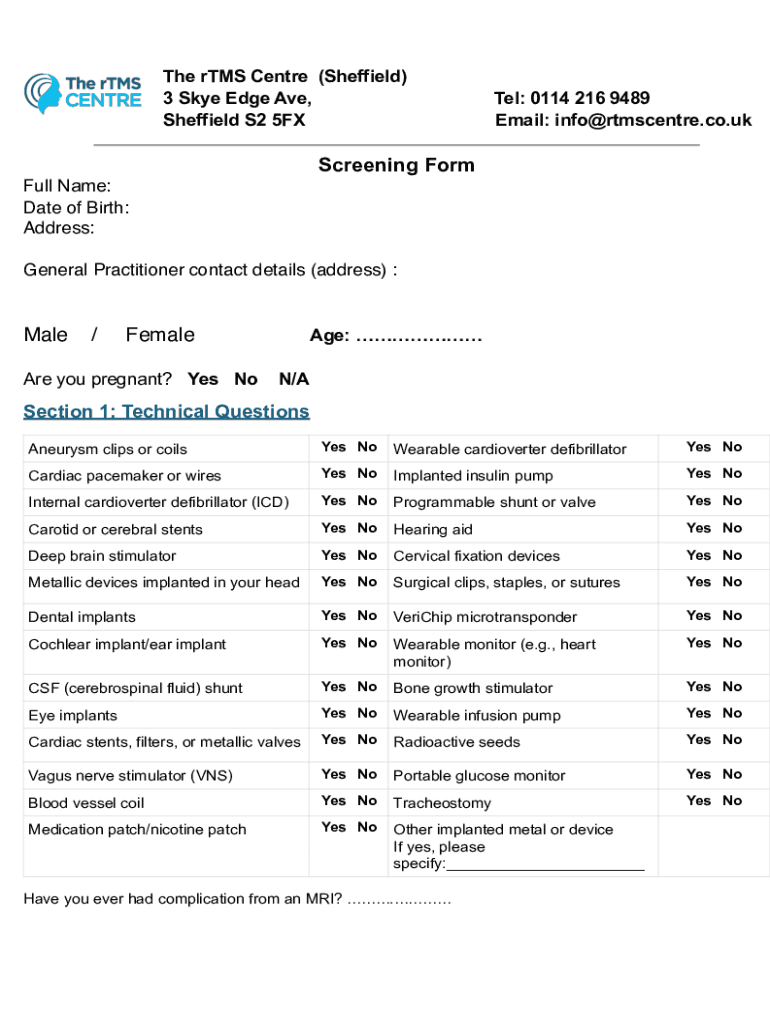 Fillable Online Screening Form - The rTMS Centre Fax Email Print ...