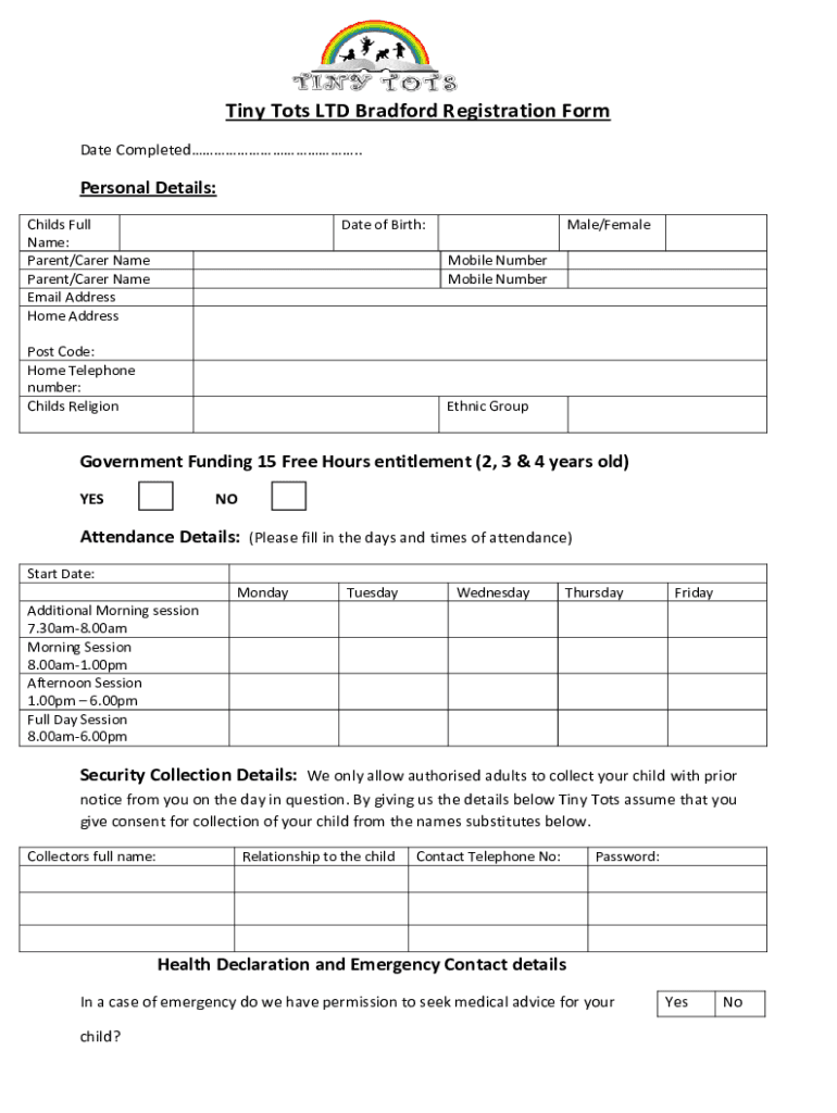 Fillable Online Tiny Tots LTD Bradford Registration Form Fax Email ...