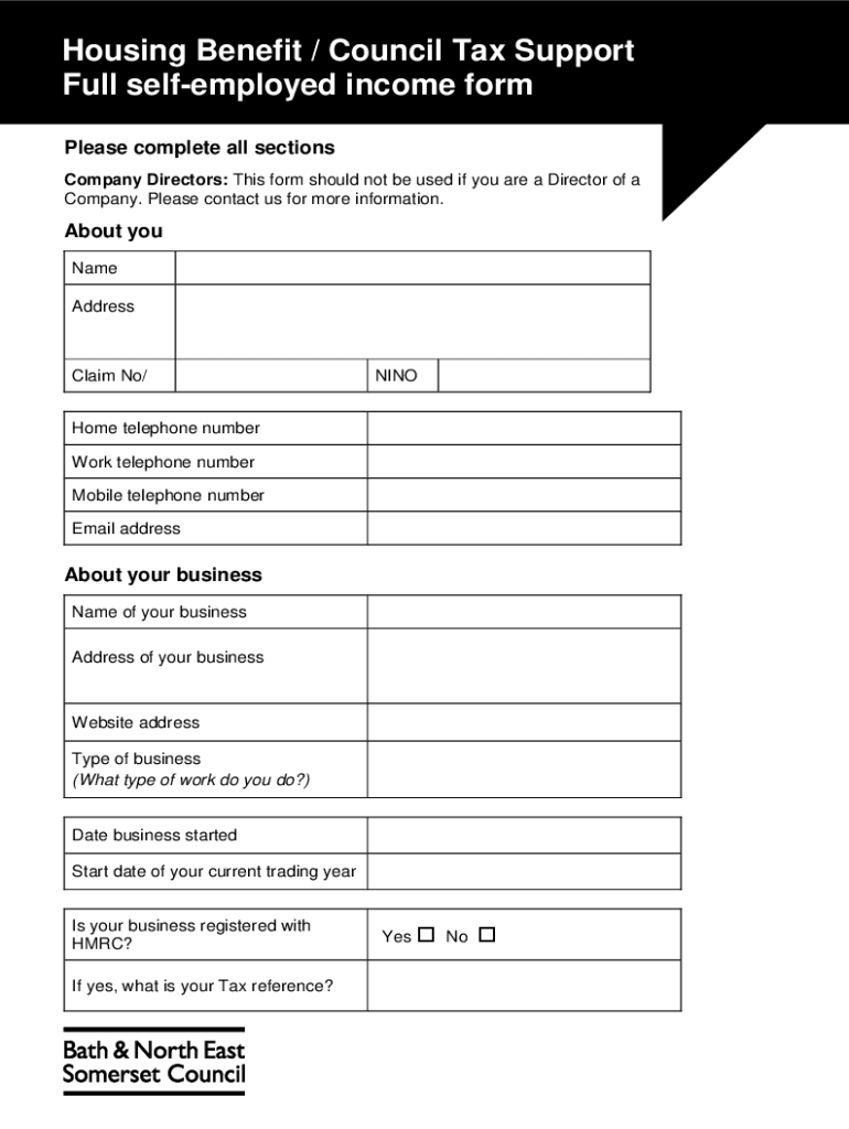 Fillable Online Self-employed housing benefit and council tax support ...