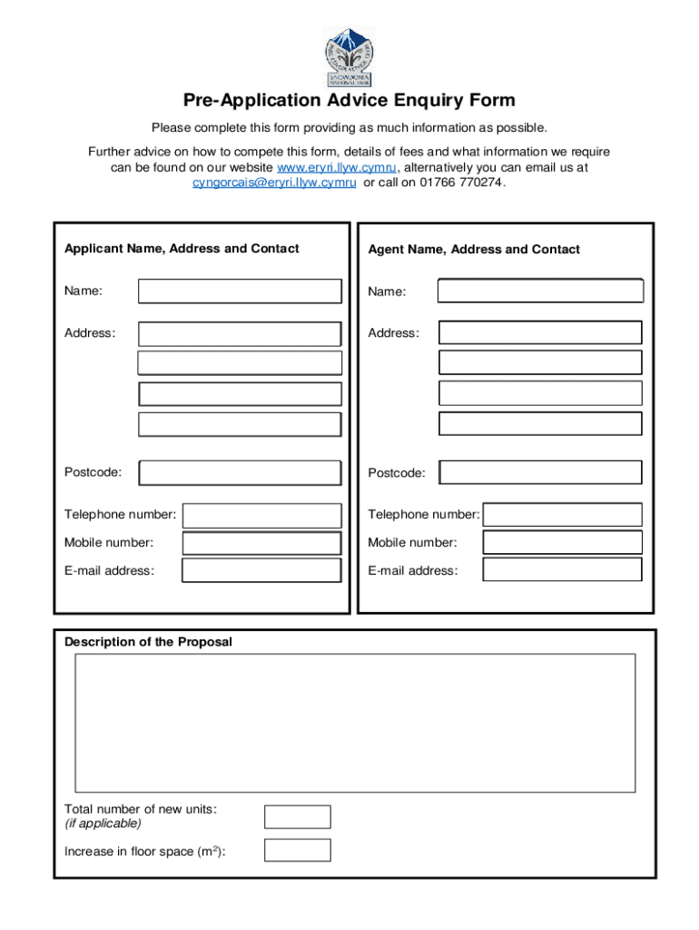 Fillable Online Pre-Application Advice Enquiry Form - Eryri - Snowdonia ...