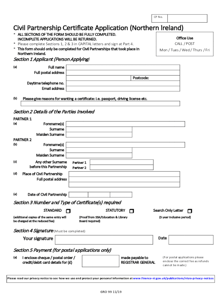 Fillable Online GRO99 Civil Partnership Certificate Application. GRO99 ...