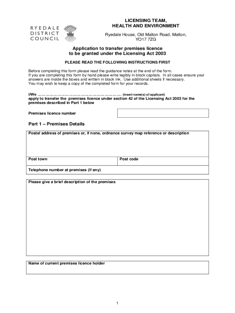 Fillable Online Application Guidance For A Personal Licence - Ryedale ...