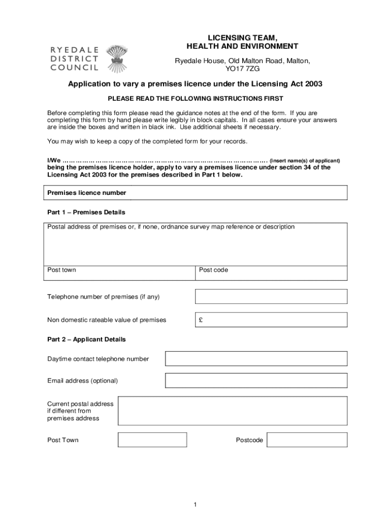 Fillable Online LICENSING TEAM, HEALTH AND ENVIRONMENT Ryedale House ...