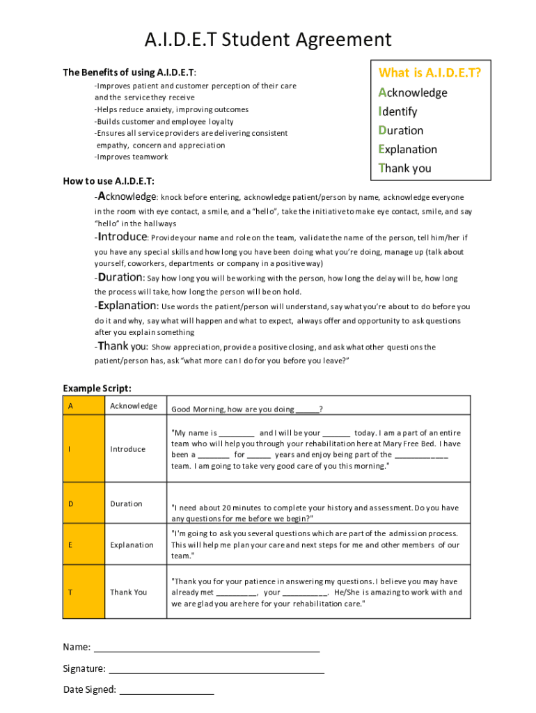 Fillable Online A.I.D.E.T Student Agreement - Mary Free Bed Rehabilitation ... Fax Email Print ...