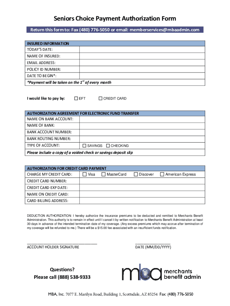 Fillable Online Seniors Choice Payment Authorization Form - mbaadmin ...