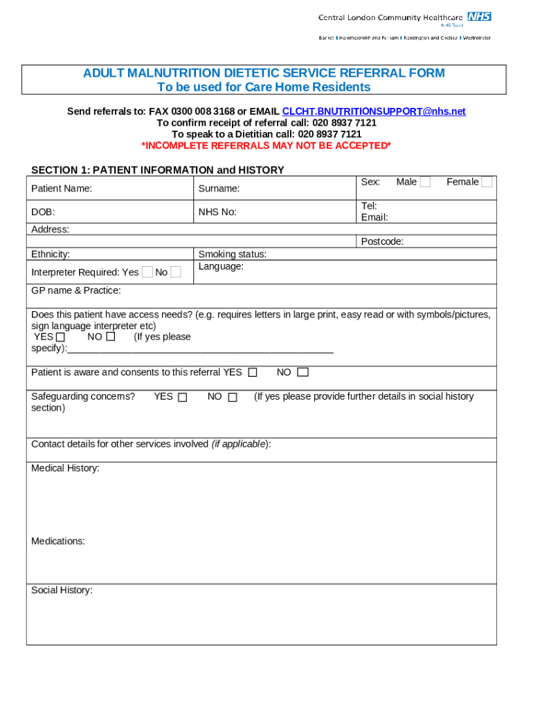 ADULT MALNUTRITION DIETETIC SERVICE REFERRAL Doc Template | pdfFiller