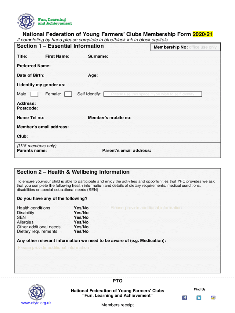 Fillable Online National Federation of Young Farmers Clubs Membership ...