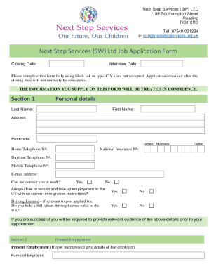 Fillable Online Next Step Services (SW) Ltd Job Application Form Fax ...