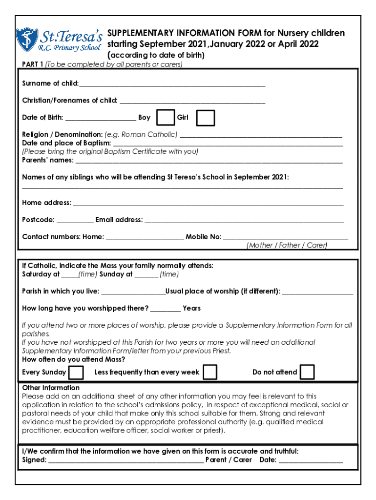 Fillable Online SUPPLEMENTARY INFORMATION FORM for Nursery children ...