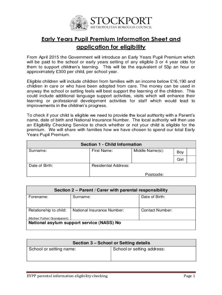 Fillable Online Early Years Pupil Premium Information Sheet and ...