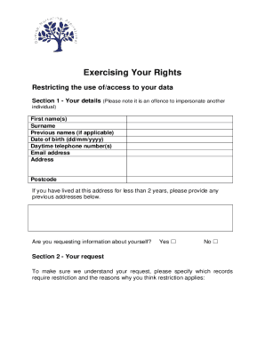 Fillable Online Exercising Your Rights Restricting the use of/ access ...