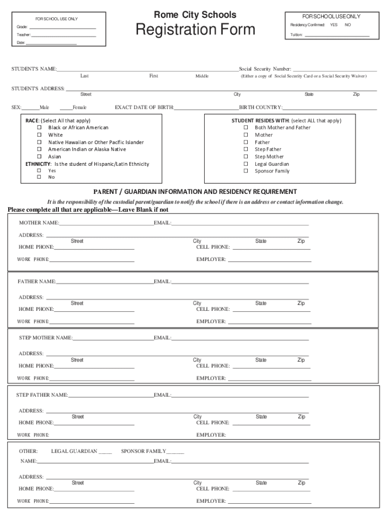 Fillable Online FOR SCHOOL USE ONLY Grade: Registration Form Residency ...