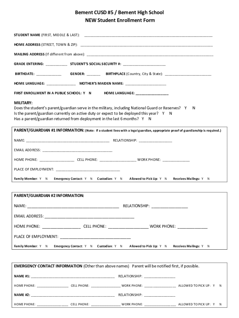 Fillable Online Bement CUSD #5 / Bement High School NEW Student ...