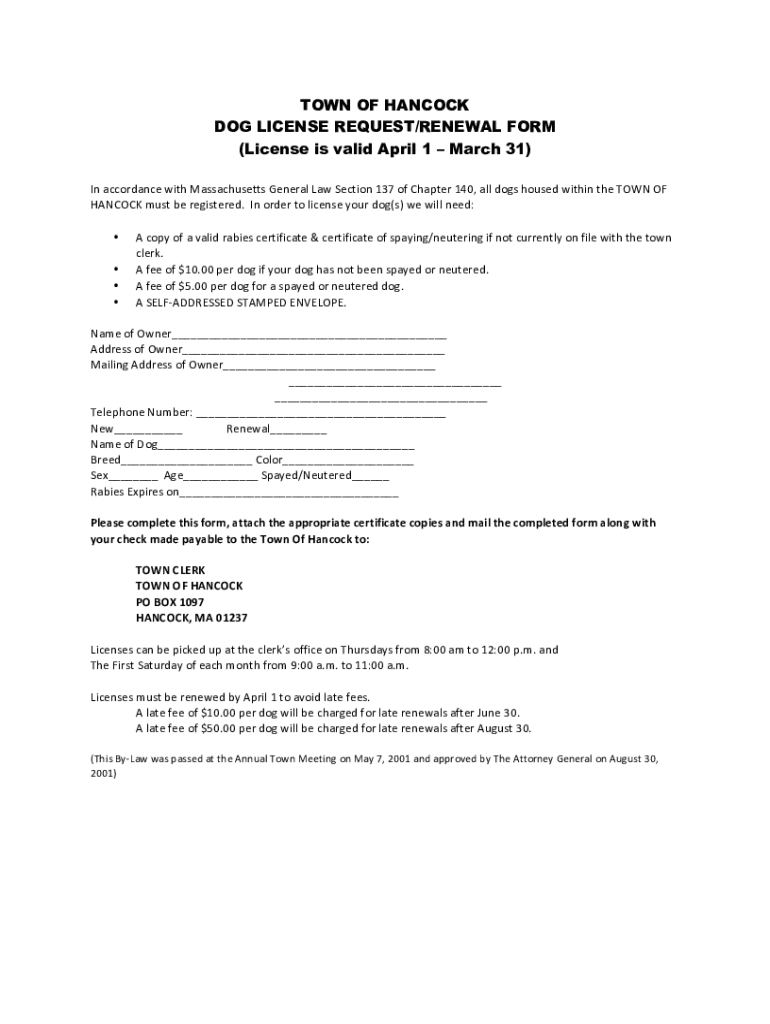 Fillable Online TOWN OF HANCOCK DOG LICENSE REQUEST/RENEWAL FORM ...