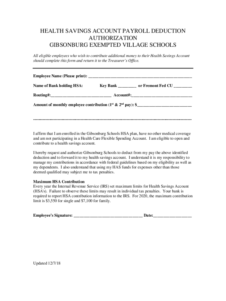 Fillable Online HEALTH SAVINGS ACCOUNT PAYROLL DEDUCTION AUTHORIZATION Fax Email Print - pdfFiller