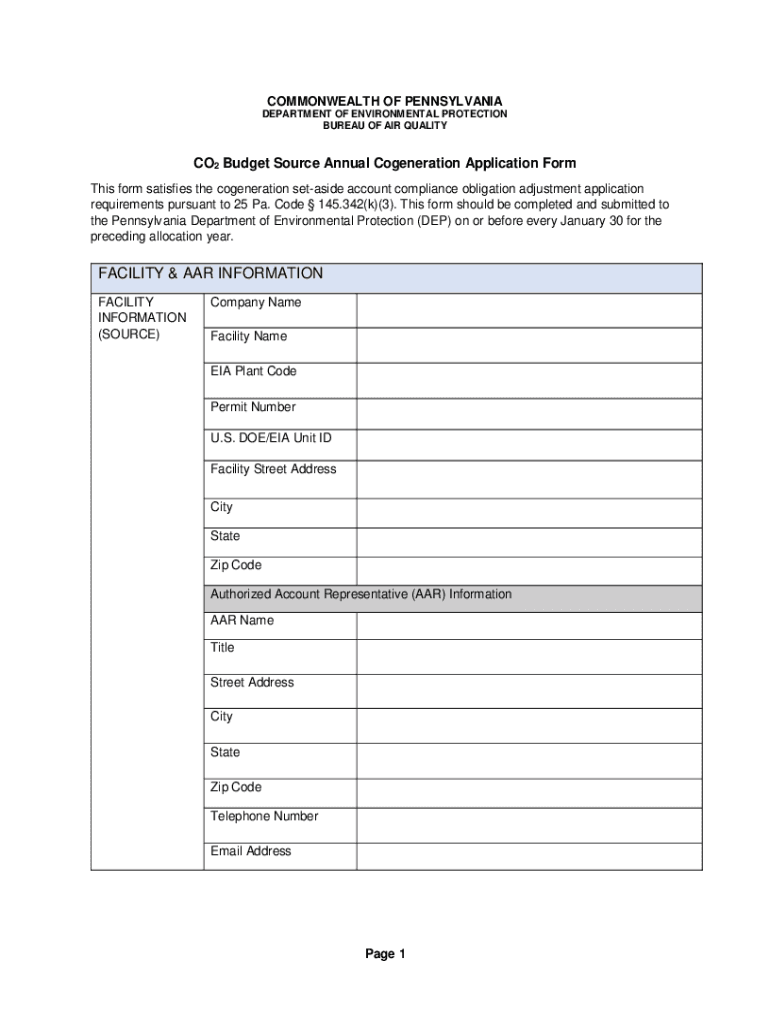 Fillable Online files dep state pa CO2 Budget Source Annual Cogeneration Application Form Fax ...