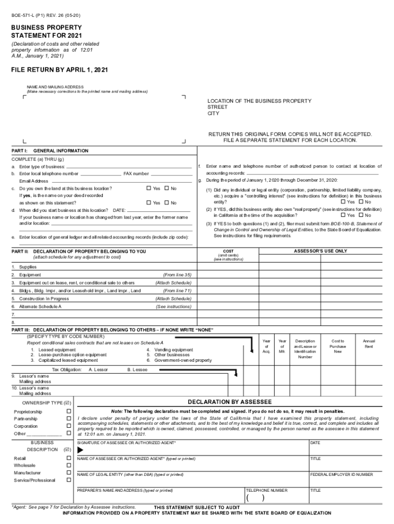Fillable Online Form BOE-571-L "Business Property Statement, Long Form ...