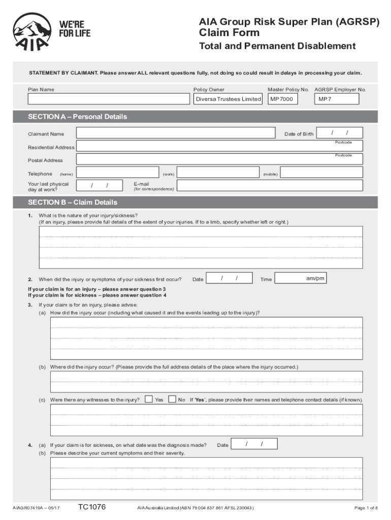 Fillable Online AIA Group Risk Super Plan (AGRSP) Corporate Claim Form ...