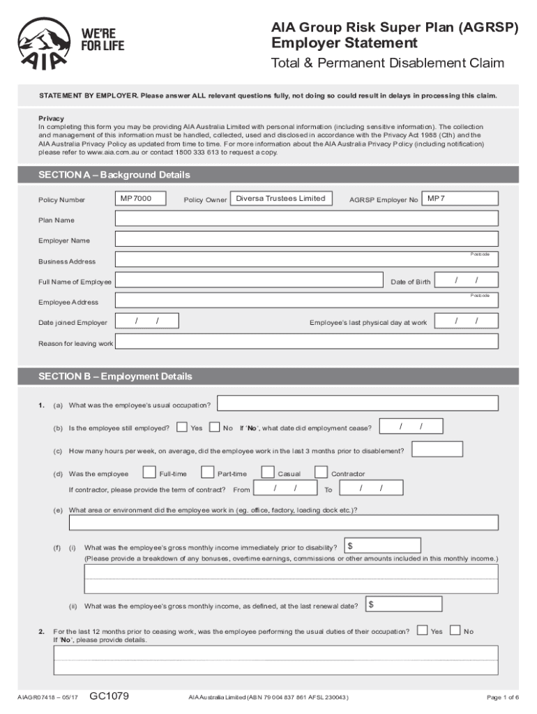 Fillable Online AIA Group Risk Super Plan (AGRSP) Corporate Claim Form ...