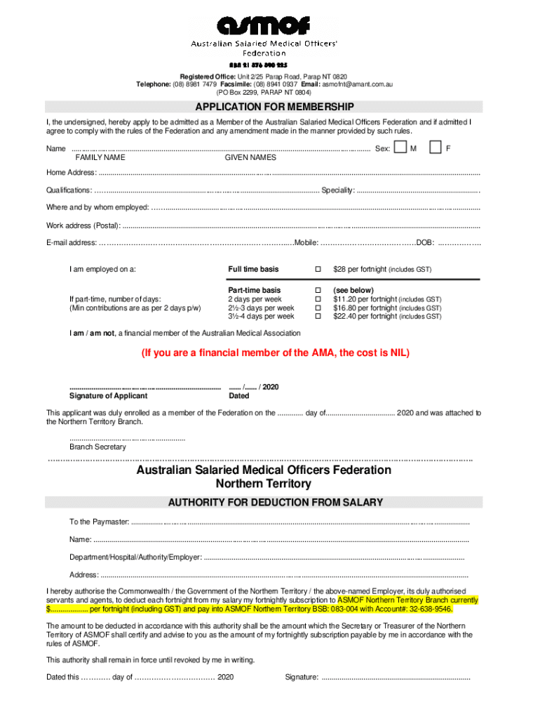 Fillable Online ASMOF NT Application Form Fax Email Print - pdfFiller