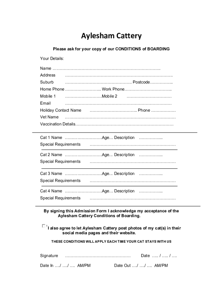 Fillable Online New Customer Form17 - Boutique Cat BoardingAylesham ...