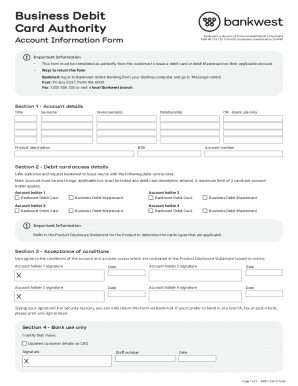 Fillable Online Business Debit Card Authority - Account Information ...