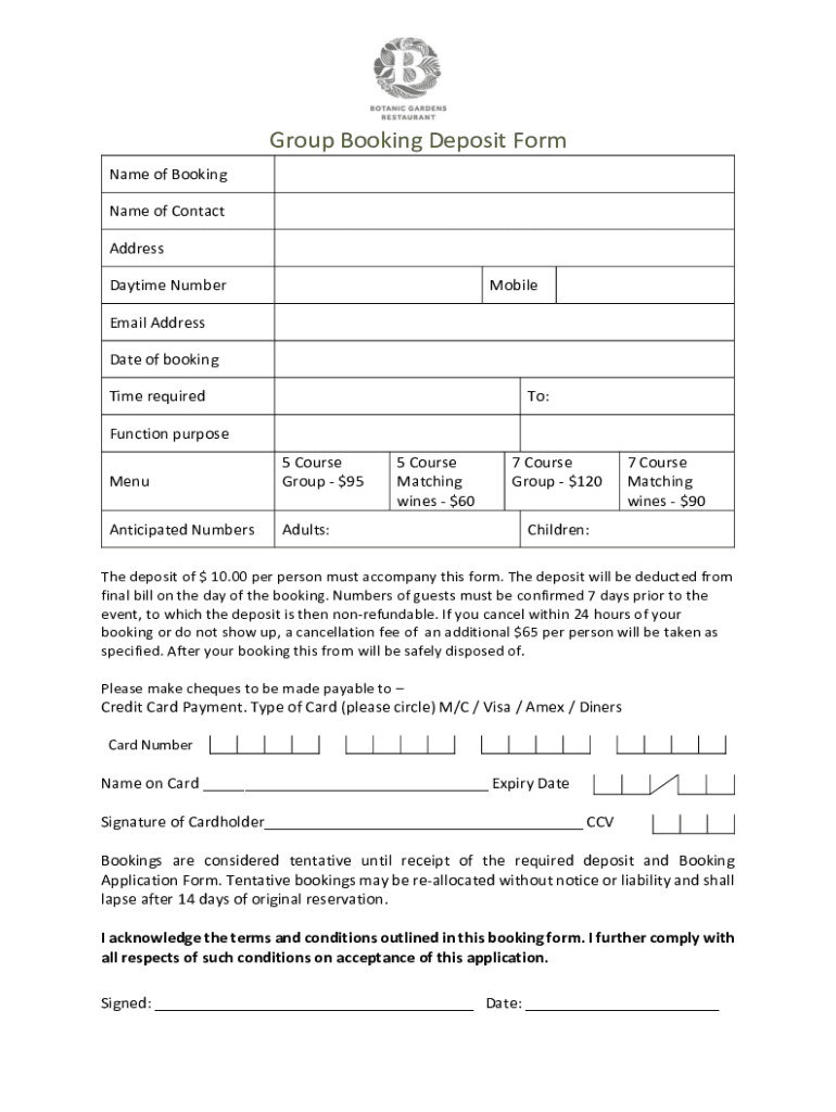 Fillable Online Group Booking Deposit Form - botanicgardensrestaurant ...